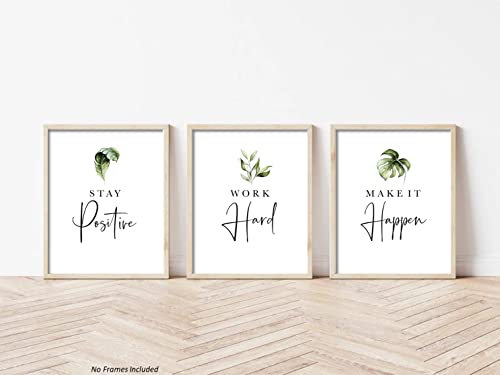 Botanical Inspirational Motivational Wall Art Office Decor - Unframed Set of 3 - 8x10 inch - Black and White Sage Green Leaf Plant Wall Art Posters for Office, Positive Office Decor, Inspirational Motivational Office Wall Decor Posters, Office Wall Art fo