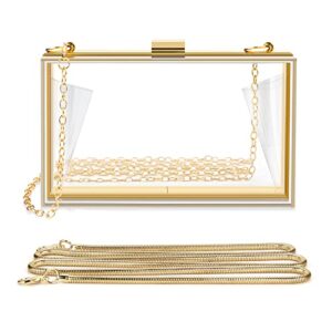 women clear purse, large acrylic box evening clutch bag, transparent lady party wedding banquet bag, stadium approved crossbody shoulder handbag (gold)