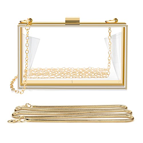 Women Clear Purse, Large Acrylic Box Evening Clutch Bag, Transparent Lady Party Wedding Banquet Bag, Stadium Approved Crossbody Shoulder Handbag (Gold)