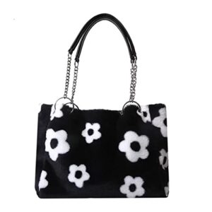 women girls furry shoulder bag fluffy tote bag cute flowers furry underarm bag