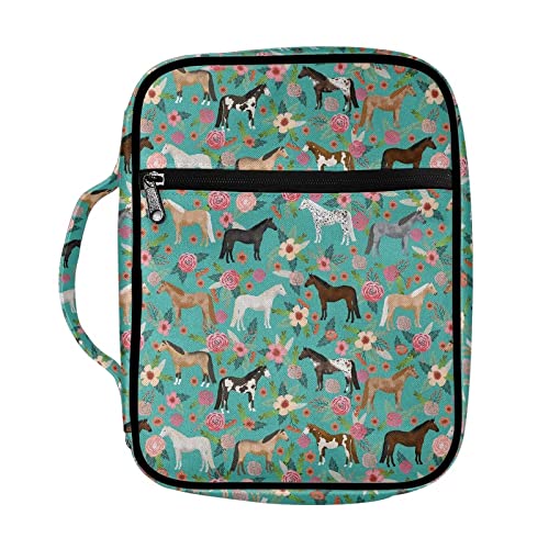 Tongluoye Horses Bible Covers for Women Teen Girls Lovely Blue Bible Case for Church Pray Schools Flowers Bible Carrier with Zip Pockets Multipurpose Tote Crossbody Handbag Bag for Book Pens Keys