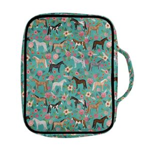 Tongluoye Horses Bible Covers for Women Teen Girls Lovely Blue Bible Case for Church Pray Schools Flowers Bible Carrier with Zip Pockets Multipurpose Tote Crossbody Handbag Bag for Book Pens Keys