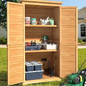 Gizoon Outdoor Storage Cabinet with 3 Shelves, Double Lockable Wooden Garden Shed with Waterproof Roof, Outside Vertical Tall Tool Shed for Yard Patio Lawn Deck-Natural