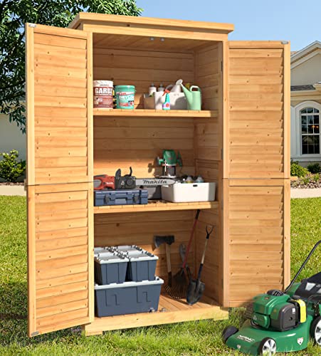 Gizoon Outdoor Storage Cabinet with 3 Shelves, Double Lockable Wooden Garden Shed with Waterproof Roof, Outside Vertical Tall Tool Shed for Yard Patio Lawn Deck-Natural