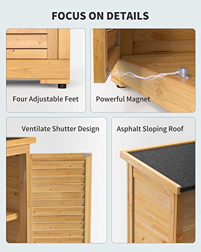 Gizoon Outdoor Storage Cabinet with 3 Shelves, Double Lockable Wooden Garden Shed with Waterproof Roof, Outside Vertical Tall Tool Shed for Yard Patio Lawn Deck-Natural