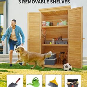 Gizoon Outdoor Storage Cabinet with 3 Shelves, Double Lockable Wooden Garden Shed with Waterproof Roof, Outside Vertical Tall Tool Shed for Yard Patio Lawn Deck-Natural