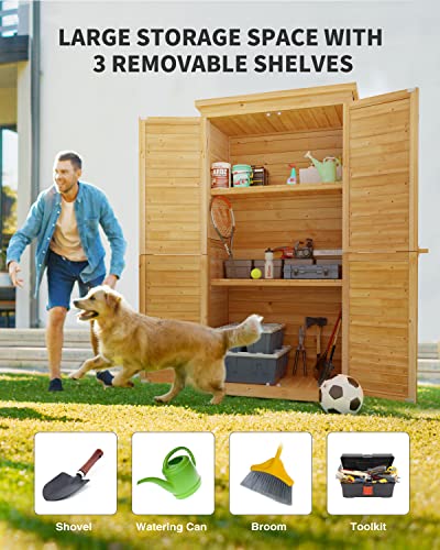 Gizoon Outdoor Storage Cabinet with 3 Shelves, Double Lockable Wooden Garden Shed with Waterproof Roof, Outside Vertical Tall Tool Shed for Yard Patio Lawn Deck-Natural