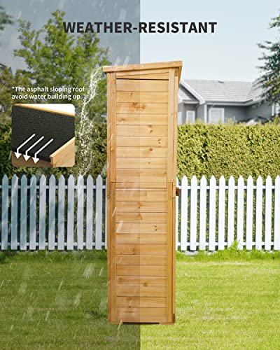 Gizoon Outdoor Storage Cabinet with 3 Shelves, Double Lockable Wooden Garden Shed with Waterproof Roof, Outside Vertical Tall Tool Shed for Yard Patio Lawn Deck-Natural