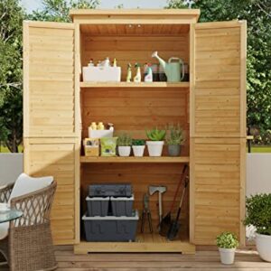 Gizoon Outdoor Storage Cabinet with 3 Shelves, Double Lockable Wooden Garden Shed with Waterproof Roof, Outside Vertical Tall Tool Shed for Yard Patio Lawn Deck-Natural