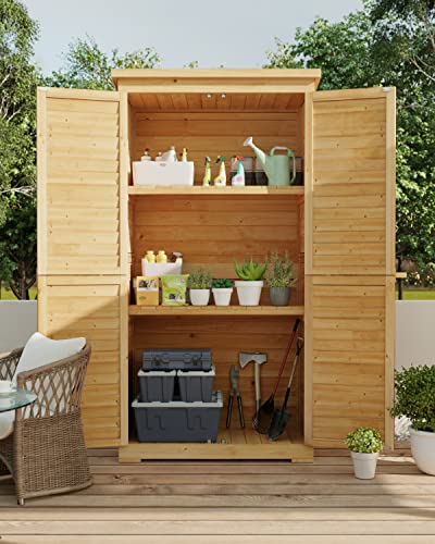 Gizoon Outdoor Storage Cabinet with 3 Shelves, Double Lockable Wooden Garden Shed with Waterproof Roof, Outside Vertical Tall Tool Shed for Yard Patio Lawn Deck-Natural