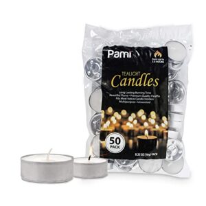 pami premium long-lasting tealight candles [50-piece bag] – unscented tea candles with 2.5 hours burning time- paraffin tealights with beautiful flame- round candles perfect for votive candle holders