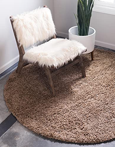 Rugs.com - Über Cozy Solid Shag Collection Rug – 5 Ft Round Sandy Brown Shag Rug Perfect for Kitchens, Dining Rooms