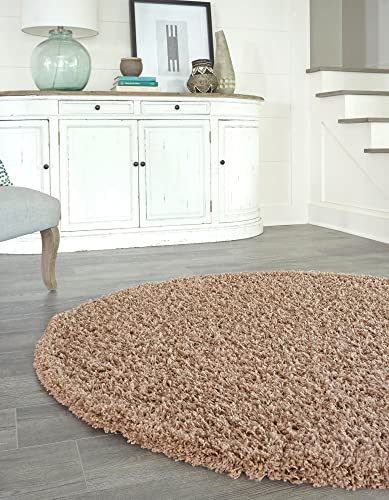 Rugs.com - Über Cozy Solid Shag Collection Rug – 5 Ft Round Sandy Brown Shag Rug Perfect for Kitchens, Dining Rooms