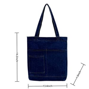 IAMUHI Denim Shoulder Handbag Casual Medium Tote Purse Canvas Shooper Bag School Bag for Women/Girls,Navy Blue