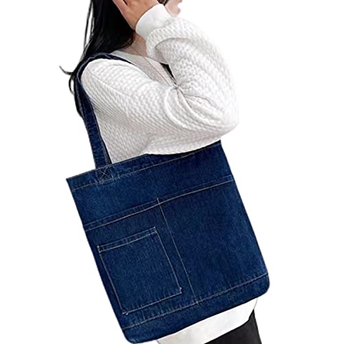 IAMUHI Denim Shoulder Handbag Casual Medium Tote Purse Canvas Shooper Bag School Bag for Women/Girls,Navy Blue