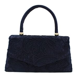 premium lace paisley floral fabric satin top handle clutch evening bag handbag, navy