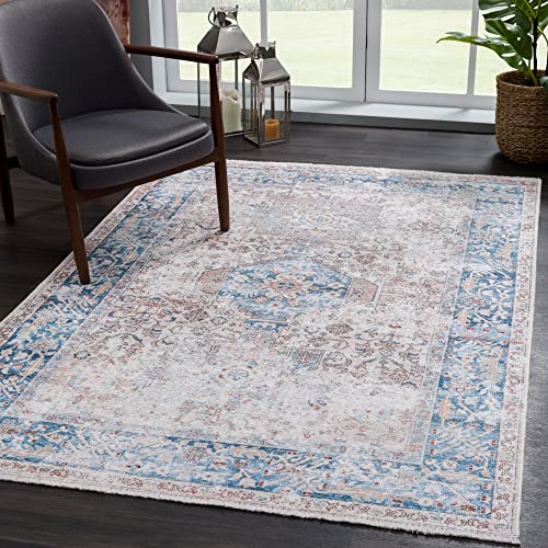 Bloom Rugs Caria Washable Non-Slip 5x7 Rug - Beige/Ocean Blue Area Rug for Living Room, Bedroom, Dining Room and Kitchen - Exact Size: 5' x 7'