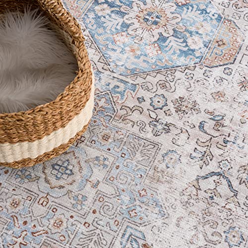 Bloom Rugs Caria Washable Non-Slip 5x7 Rug - Beige/Ocean Blue Area Rug for Living Room, Bedroom, Dining Room and Kitchen - Exact Size: 5' x 7'