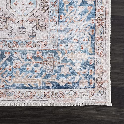 Bloom Rugs Caria Washable Non-Slip 5x7 Rug - Beige/Ocean Blue Area Rug for Living Room, Bedroom, Dining Room and Kitchen - Exact Size: 5' x 7'