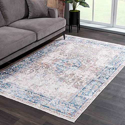 Bloom Rugs Caria Washable Non-Slip 5x7 Rug - Beige/Ocean Blue Area Rug for Living Room, Bedroom, Dining Room and Kitchen - Exact Size: 5' x 7'