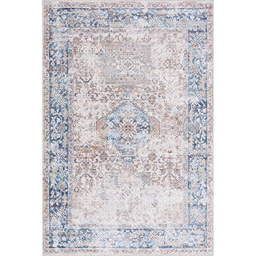 Bloom Rugs Caria Washable Non-Slip 5x7 Rug - Beige/Ocean Blue Area Rug for Living Room, Bedroom, Dining Room and Kitchen - Exact Size: 5' x 7'