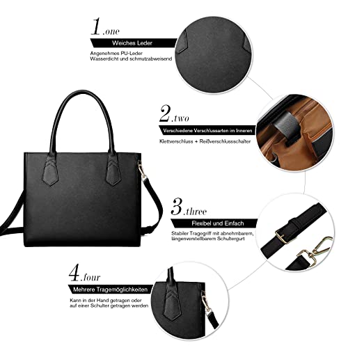 JOSEKO Women Crossbody Tote Bag Soild Color Large Shoulder Bag PU Leather Purse Work Bags with Multi-Pockets Designer Handbag Black