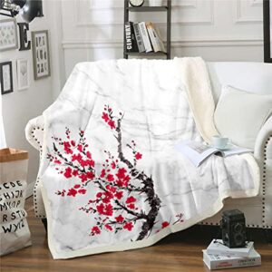 erosebridal cherry blossom sherpa blanket for couch,white grey marble blanket throw girls women,red flower floral throw blanket for bed japanese style fleece blanket botanical theme plush blanket