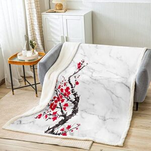 Erosebridal Cherry Blossom Sherpa Blanket for Couch,White Grey Marble Blanket Throw Girls Women,Red Flower Floral Throw Blanket for Bed Japanese Style Fleece Blanket Botanical Theme Plush Blanket