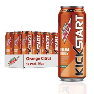 mountain dew kickstart, orange citrus, 92mg caffeine, vitamins b & c, 80 calories, 5% juice, 16 fl oz (12 count)