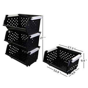 Farmoon 3 Pack Plastic Stackable Organizer Basket, Stacking Storage Bin Open Front, Black