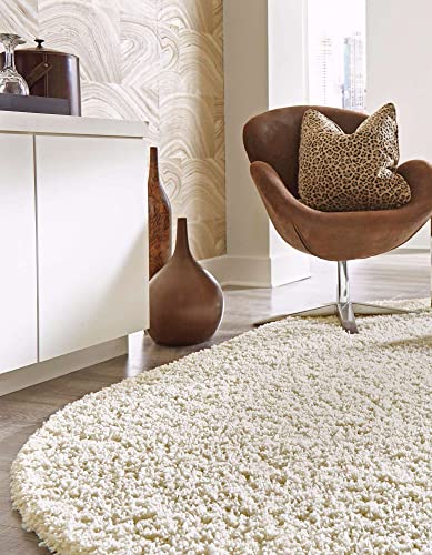 Rugs.com - Über Cozy Solid Shag Collection Rug – 5' x 8' Oval Pure Ivory Shag Rug Perfect for Living Rooms, Large Dining Rooms, Open Floorplans