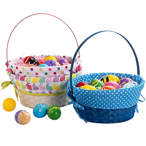 JOYIN 3 Pcs Easter Bamboo Basket with Polka Dots Lining, Natural Woven Easter Eggs and Candy Wicker Basket for Picnic, Gift Packing, Decor