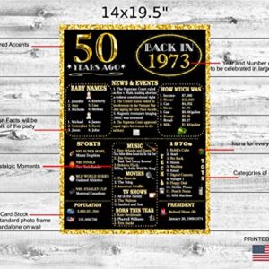 Back In 1973 Party Poster- Large 14x19.5 in Laminated.- Black and Gold - 50th Birthday Gifts, Wedding Anniversary, 1973 Class Reunion, Party Supplies, Party Decorations (1973 50th Gold)