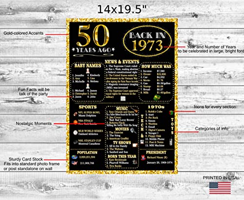 Back In 1973 Party Poster- Large 14x19.5 in Laminated.- Black and Gold - 50th Birthday Gifts, Wedding Anniversary, 1973 Class Reunion, Party Supplies, Party Decorations (1973 50th Gold)