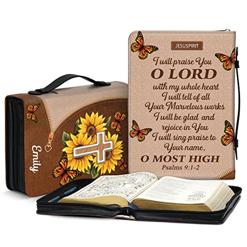 Jesuspirit I Will Be Glad and Rejoice in You - Sunflower & Cross - Personalized Leather Bible Cover XLarge Size - Religious Gift for Christian Women - Psalms 9:1-2 - Zippered Book Case with Handle