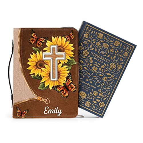 Jesuspirit I Will Be Glad and Rejoice in You - Sunflower & Cross - Personalized Leather Bible Cover XLarge Size - Religious Gift for Christian Women - Psalms 9:1-2 - Zippered Book Case with Handle