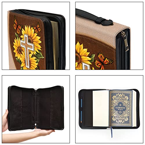 Jesuspirit I Will Be Glad and Rejoice in You - Sunflower & Cross - Personalized Leather Bible Cover XLarge Size - Religious Gift for Christian Women - Psalms 9:1-2 - Zippered Book Case with Handle