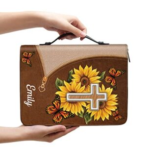 Jesuspirit I Will Be Glad and Rejoice in You - Sunflower & Cross - Personalized Leather Bible Cover XLarge Size - Religious Gift for Christian Women - Psalms 9:1-2 - Zippered Book Case with Handle