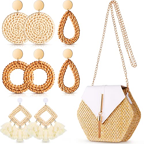 Straw Purses Bags Woven Summer Clutch Purses Crossbody Shoulder Handbag Bag with 4 Pairs Rattan Boho Earrings for Women Girl (White)