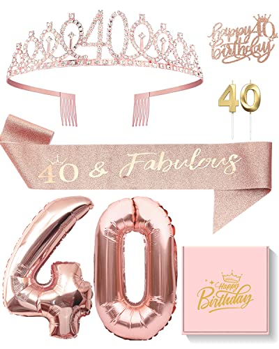 40th Birthday Gifts Decorations for Women - 40 Birthday Cake Topper, Balloons, Queen Sash, Crown and Candle Set, Rose Gold