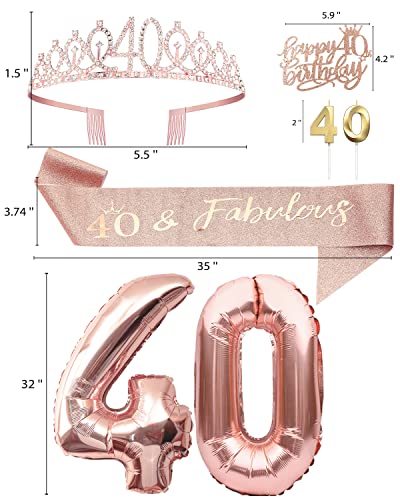 40th Birthday Gifts Decorations for Women - 40 Birthday Cake Topper, Balloons, Queen Sash, Crown and Candle Set, Rose Gold