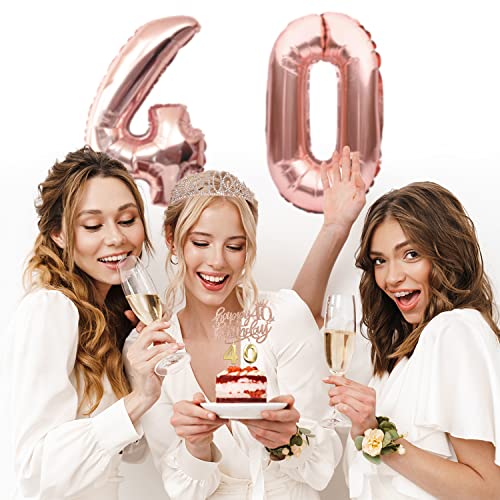 40th Birthday Gifts Decorations for Women - 40 Birthday Cake Topper, Balloons, Queen Sash, Crown and Candle Set, Rose Gold