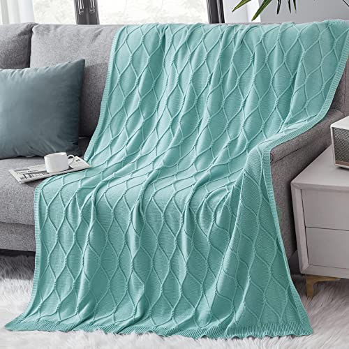 Revdomfly 100% Cotton Diamond Waffle Weave Aqua Cable Knit Throw Blanket for Couch, Sofa, Bed | 50 x 60 Inches | Lightweight and Soft,Luxury Decorative Breathable Skin-Friendly Blanket