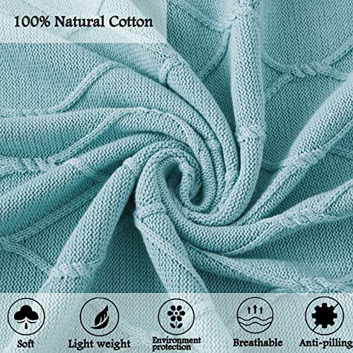 Revdomfly 100% Cotton Diamond Waffle Weave Aqua Cable Knit Throw Blanket for Couch, Sofa, Bed | 50 x 60 Inches | Lightweight and Soft,Luxury Decorative Breathable Skin-Friendly Blanket