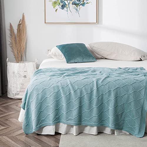 Revdomfly 100% Cotton Diamond Waffle Weave Aqua Cable Knit Throw Blanket for Couch, Sofa, Bed | 50 x 60 Inches | Lightweight and Soft,Luxury Decorative Breathable Skin-Friendly Blanket