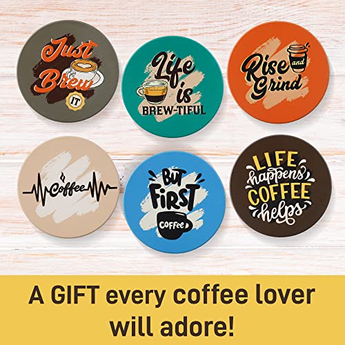 Coasters for Coffee Table - 6 Coffee Themed Absorbent Stone Cork Drink Coasters, Bar Coasters for Drinks with Holder, Cool Housewarming Gift, New Home - Cup Coster for Wooden Table