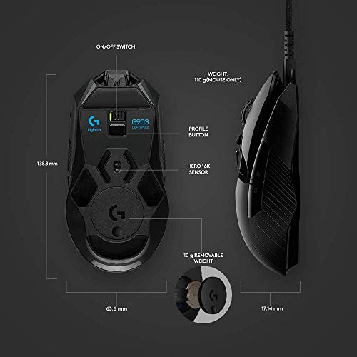 Logitech G903 Hero 16K Sensor Lightspeed Wireless Gaming Mouse (Renewed)