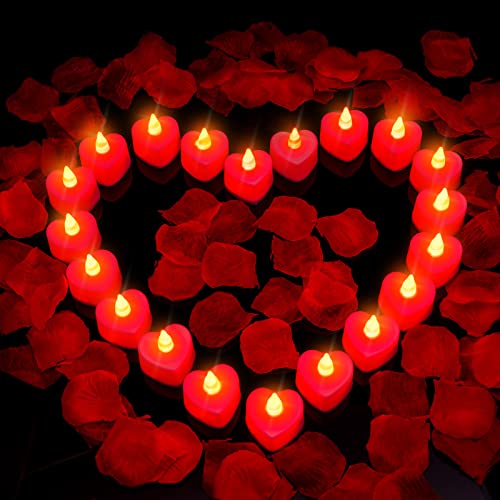 1200 Pieces Artificial Rose Petals with 36 Pieces Romantic Heart Shape LED Tealight Candle Flameless Love Candle for Candlelight Dinner Wedding Night Party Wedding Anniversaries Table Decor (Red)