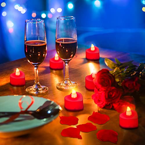 1200 Pieces Artificial Rose Petals with 36 Pieces Romantic Heart Shape LED Tealight Candle Flameless Love Candle for Candlelight Dinner Wedding Night Party Wedding Anniversaries Table Decor (Red)