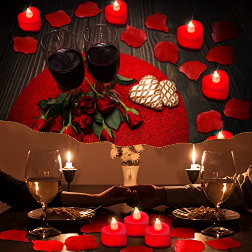 1200 Pieces Artificial Rose Petals with 36 Pieces Romantic Heart Shape LED Tealight Candle Flameless Love Candle for Candlelight Dinner Wedding Night Party Wedding Anniversaries Table Decor (Red)